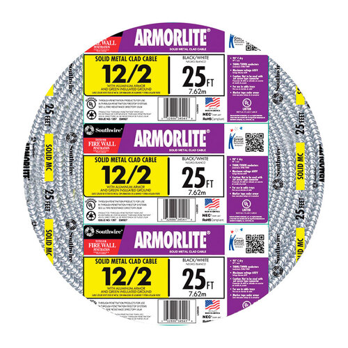 Southwire 61023121 Metal Clad Cable Armorlite 25 ft. 12/2 Solid THHN Silver