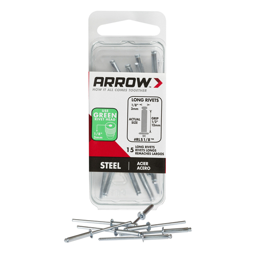 Arrow RLS1/8 Pop Rivet, Long, 1/2 in L, Steel - pack of 15