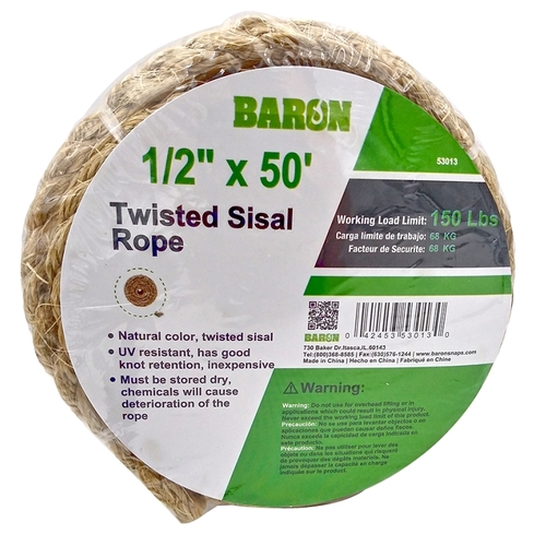 Baron 53013 Utility Rope, 1/2 in Dia, 50 ft L, 248 lb Working Load, Sisal