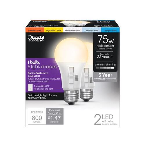 Feit Electric OM75DM/6WYCA/2 LED Light Bulb A19 E26 (Medium) Tunable ...