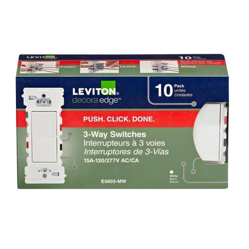 Leviton E5603-0MW Switch Decora Edge 15 amps 3-Way Rocker White White