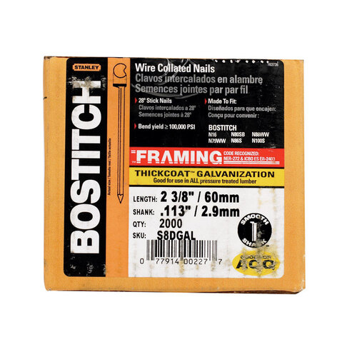 STANLEY BOSTITCH S8DGAL-FH Nails 2-3/8" Angled Strip Galvanized 28 deg ...