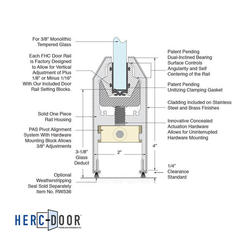 FHC R4T38PBL FHC 4" Tapered Door Rail with Lock 35-3/4" for 3/8" Glass ...