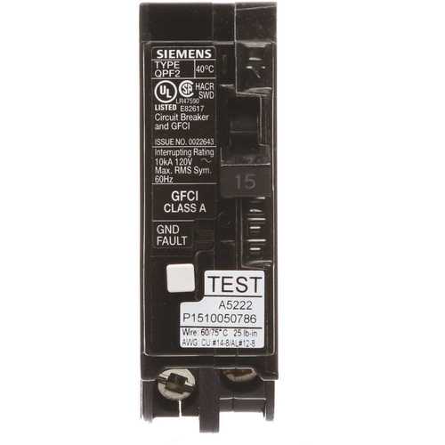 Siemens QF115A 15 Amp Single-Pole Type QPF GFCI Circuit Breaker