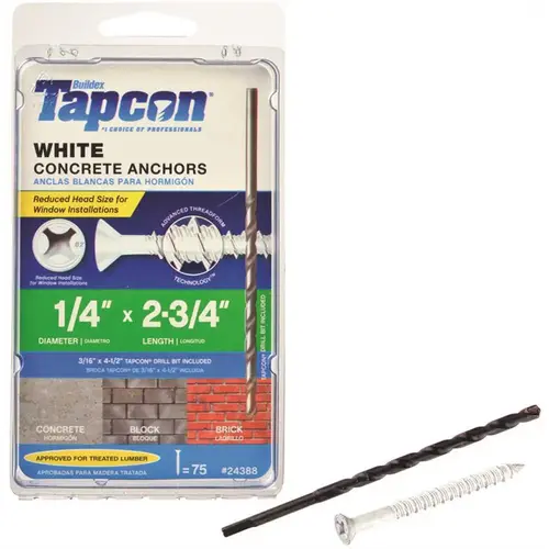 Tapcon 24388 1/4 in. x 2-3/4 in. White UltraShield Phillips Flat-Head Concrete Anchors - pack of ...