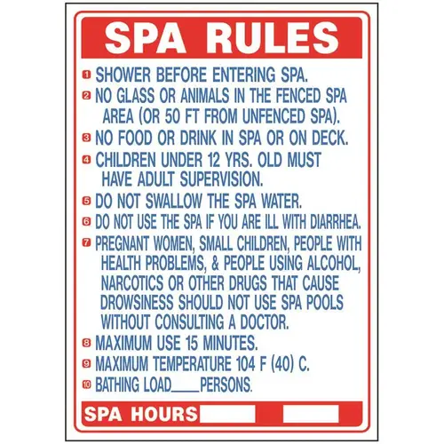 Hy-Ko 20416 19 in. x 27 in. Spa Rules Sign (Florida) Buy Now
